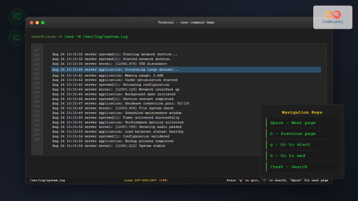 less Command Linux: Complete Guide to View Large Files Page by Page - CodeLucky