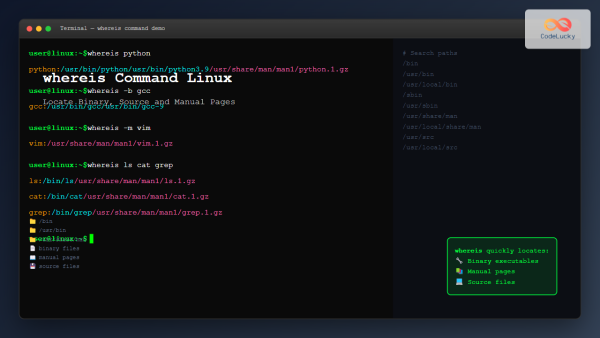 whereis Command Linux: Complete Guide to Locate Binary, Source and Manual Pages - CodeLucky